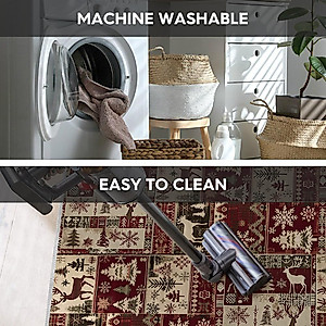 Artoid Mode Rustic Buffalo Deer Xmas Tree Snowflakes Christmas Area Rug, Winter Home Decor Low-Profile Non-Slip Washable Door Mat for Entryway Bedroom Living Room Laundry Room Indoor 2x3 Feet