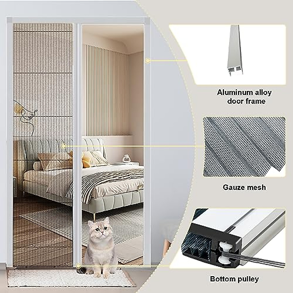 Sliding Mesh Screen Door, French Door, Retractable Screen Door,Mosquito Proof with Ventilation and Customizable Size (White)