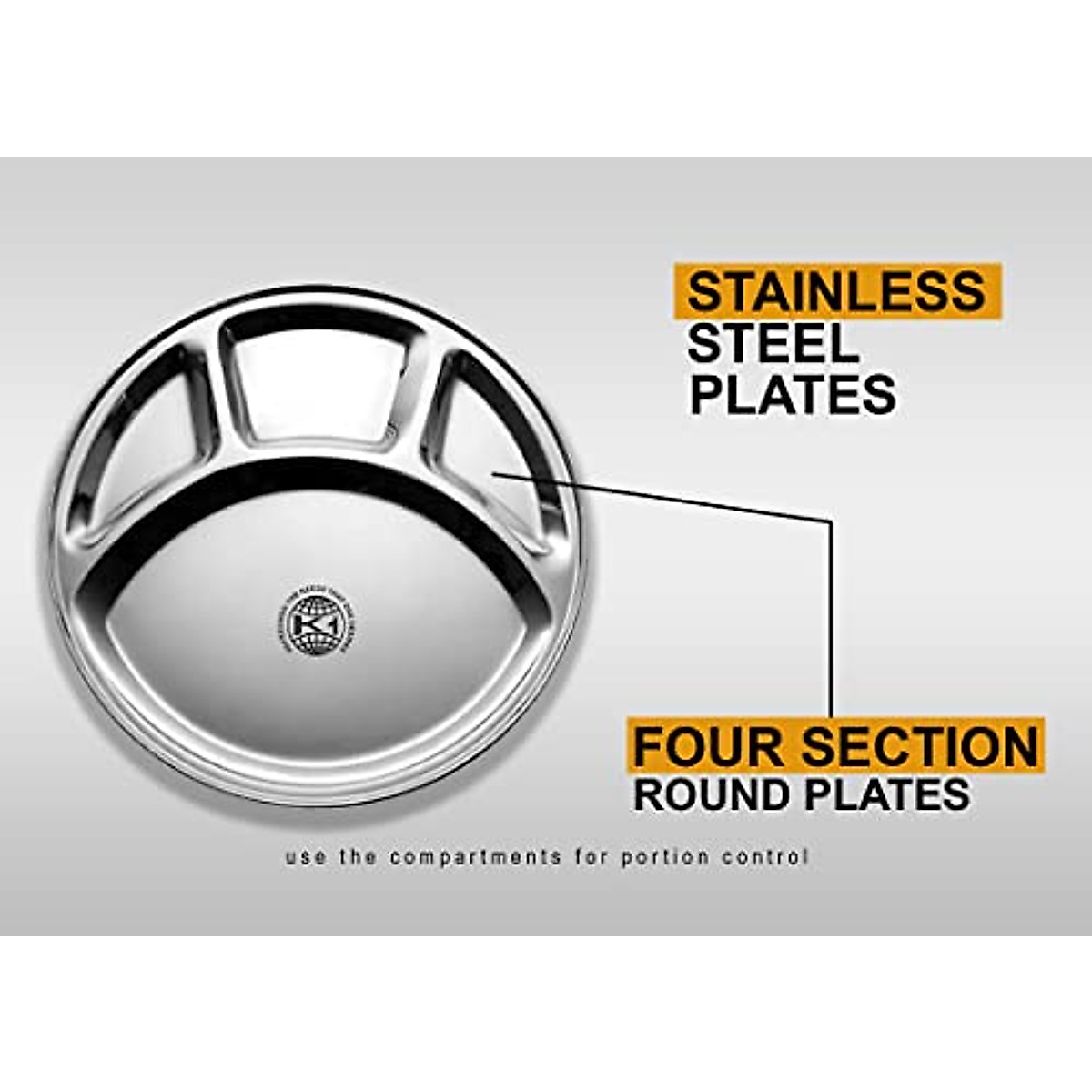 King International Stainless Steel Plates, Divided Indian Dinner Plate,Four Section Round Plates Set Of 4, 12'', Section Control Plate, Kids Plate, Indian Thali Plate