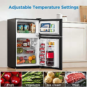 Midea WHD-113FB1 Double Door Mini Fridge with Freezer for Bedroom Office or Dorm with Adjustable Remove Glass Shelves Compact Refrigerator, 3.1 cu ft, Black