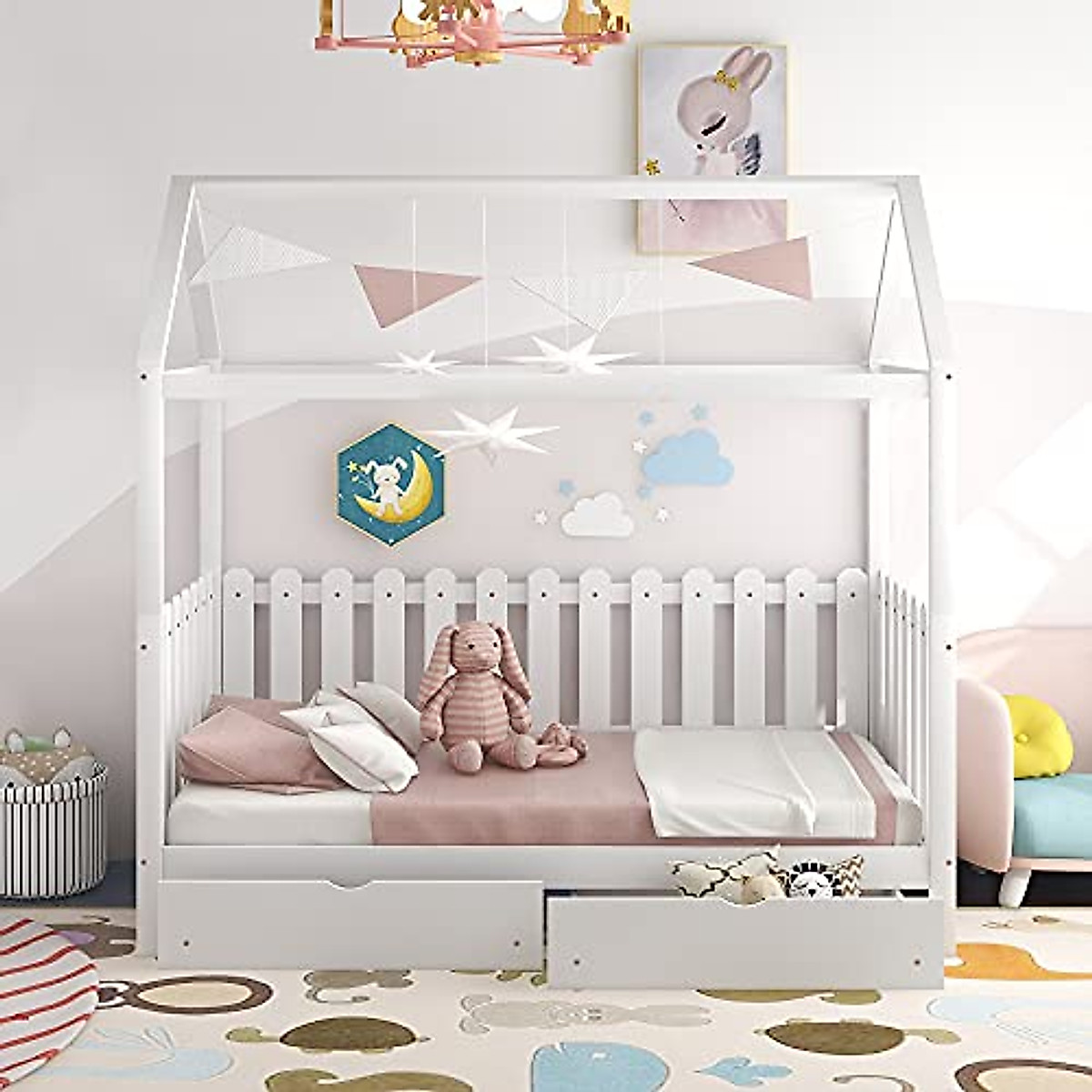 TARTOP Daybed with Drawers, Wood House Bed Tent Bed Twin Size with Drawers and Fence-Shaped Guardrail, for Toddlers/Teens/Girls/Boys, Kids House Bed Frame,White