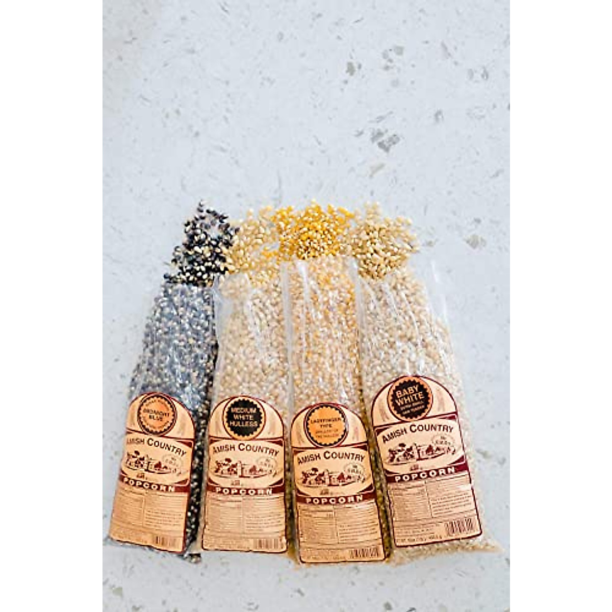 Amish Country Popcorn | 4-1 lb Bags | Variety Pack | 1 lb Baby White -1 lb Medium White - 1 lb Ladyfinger and 1 lb Midnight Blue Popcorn Kernels | Old Fashioned, Non-GMO and Gluten Free (4-1 lb Bags)