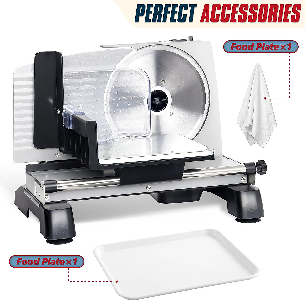 BIEAMA Meat Slicer, 200 W Electric Food Slicer with 2 Removable 7.5" Stainless Steel Blades Child Lock Protection Adjustable Thickness 0-18mm Meat Slicer Machine for Home with Food Tray, Towel