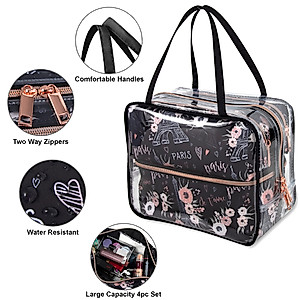Emma & Chloe 4 Piece Toiletry Bag Set, Waterproof Home, Travel Cosmetic Train Case Makeup Bags for Women with Handle, Zipper – 4 Makeup Bags Set (Paris Je T'aime)