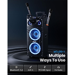 Moukey Karaoke Machine, Double 10" Woofer PA System for Party, Portable Bluetooth Speaker with 2 Wireless Microphone, Disco Lights and Echo/Treble/Bass Adjustment, Support TWS/REC/AUX/MP3/USB/TF/FM
