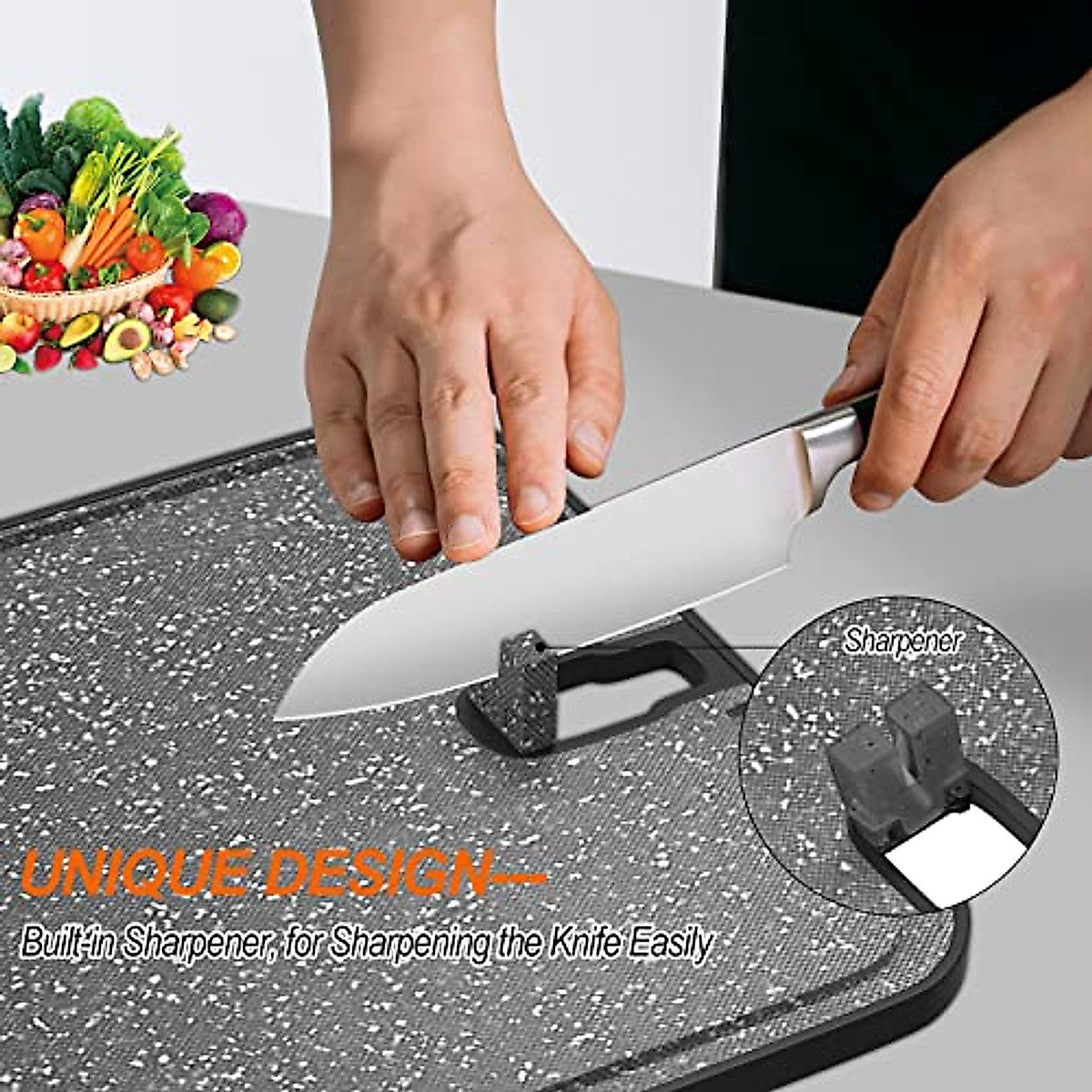 Viretang Plastic Cutting Board, 1 Pieces Dishwasher Safe Cutting Boards for Kitchen with Juice Grooves, Non-Slip, Reversible and Knife-Friendly with Built-in Sharpener & Grinding Area（Black）
