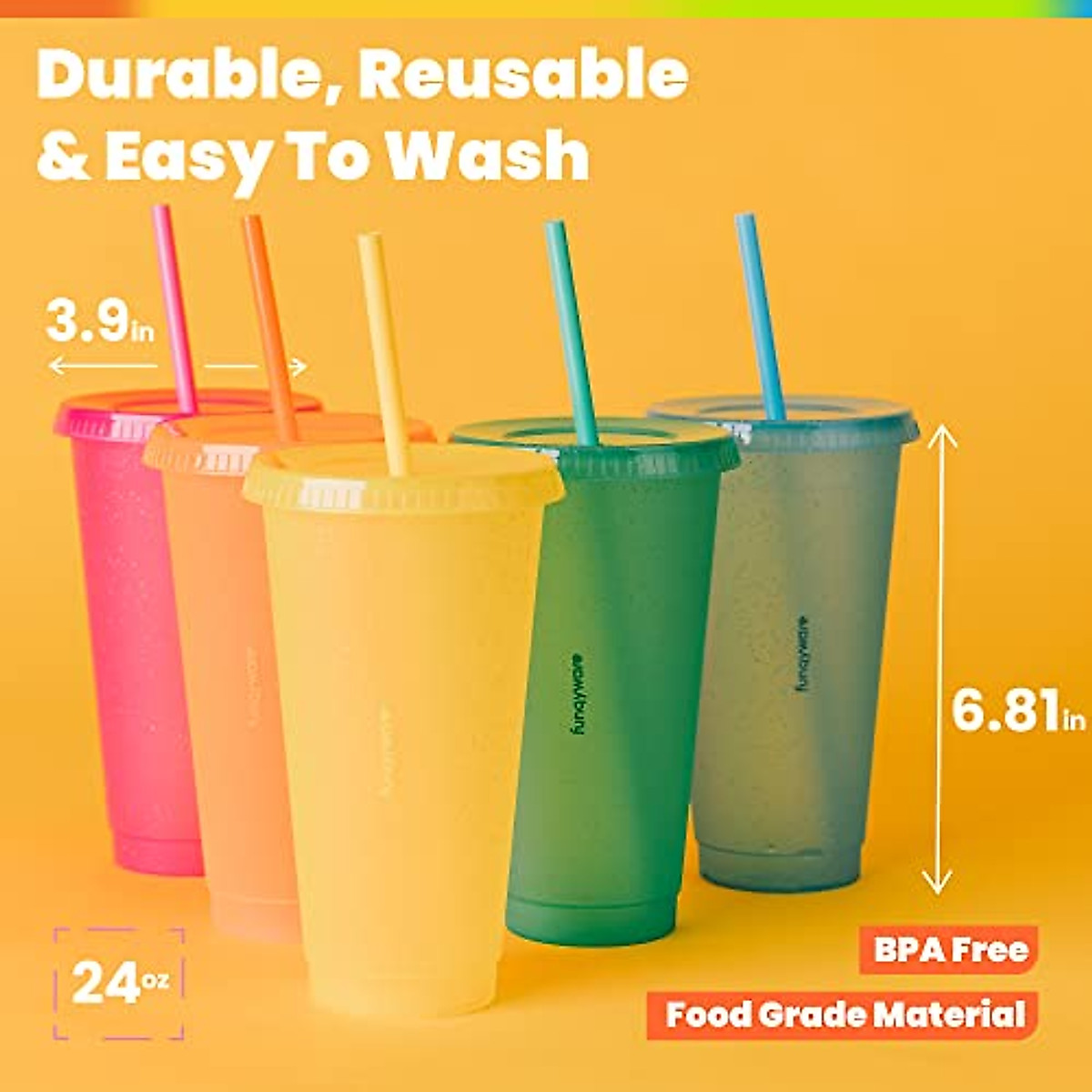 Cups with Lids and Straws for Adults - 5 Glitter Reusable Cups with Lids and Straws in Rainbow Colors, 24 oz Iced Coffee & Bulk Party Tumblers, Plastic Tumbler with Lid and Straw for Water & Smoothie