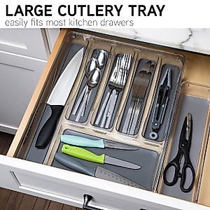 SIMPLEMADE Silverware Organizer Tray Set - 3 Piece Flatware Organizer for Drawer - Clear Cutlery Tray Drawer Insert with Easy Clean Liner - Multipurpose Storage for Kitchen, Office, Bathroom (Grey)