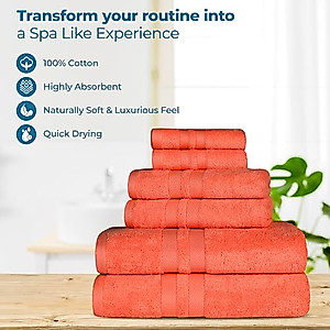 Superior Ultra-Soft 6-Piece Cotton Towel Set, Includes 2 Bath Towels, 2 Hand Towels, and 2 Washcloths for Bathroom, Guest Room, Quick Dry, Daily Use Home Essential Towels - Tangerine