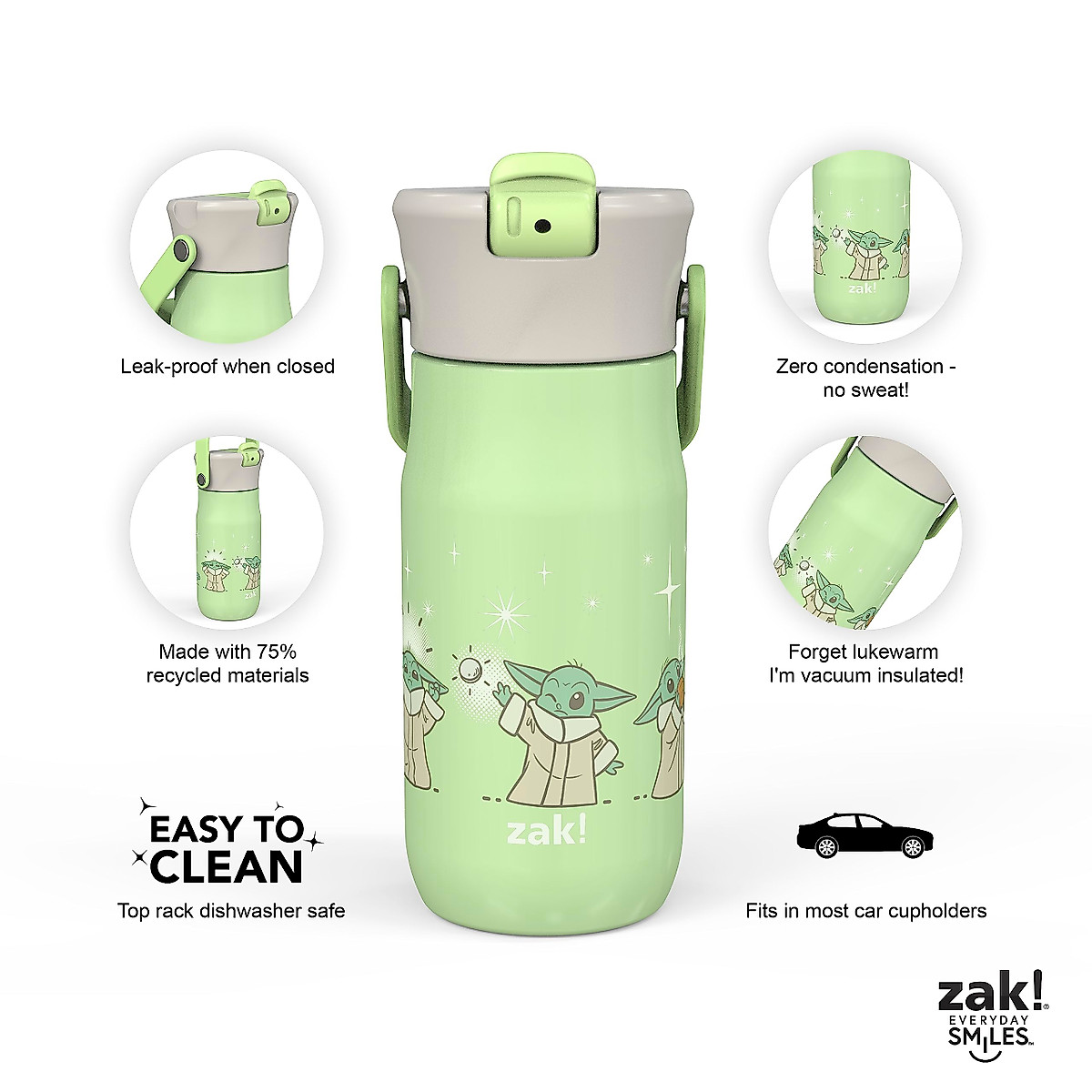 Zak Designs Harmony Star Wars The Mandalorian Kid Water Bottle for Travel or At Home, 14oz Recycled Stainless Steel is Leak-Proof When Closed and Vacuum Insulated (Baby Yoda, Grogu)