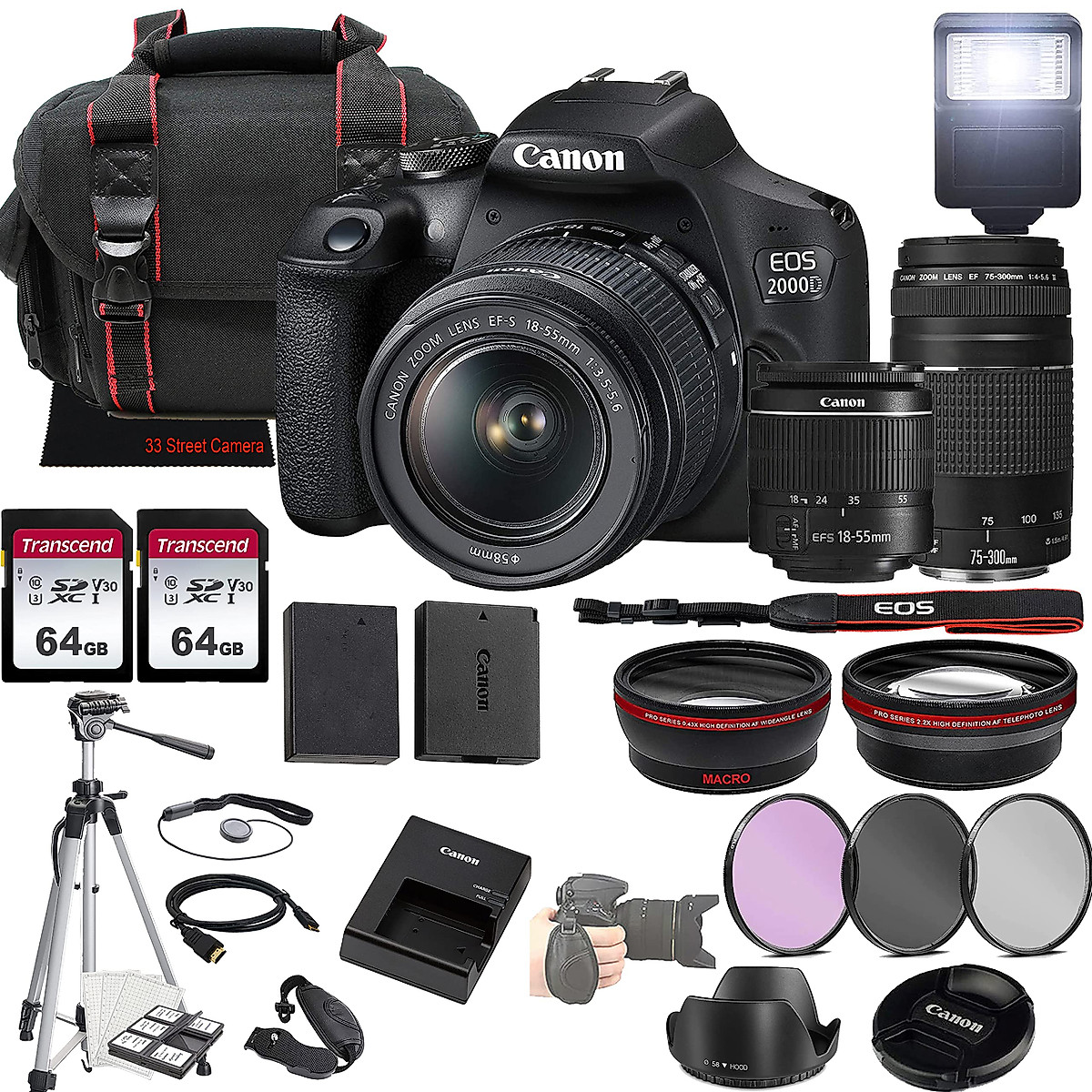 Canon EOS 2000D (Rebel T7) DSLR Camera w/18-55mm F/3.5-5.6 Zoom Lens + EF 75-300mm f/4-5.6 III Lens + 2X 64GB Memory + Case + Filters + Tripod + More (35pc Bundle) (Renewed)