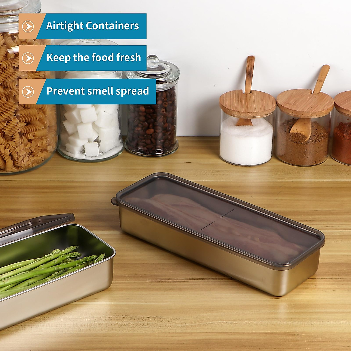 Sanbege 2 Pcs Bacon Containers with Airtight Lids, 304 Stainless Steel Deli Meat Keeper, Stackable Food Storage Boxes for Refrigerator, Saving Lunch Ham, Spaghetti, Asparagus, Celery