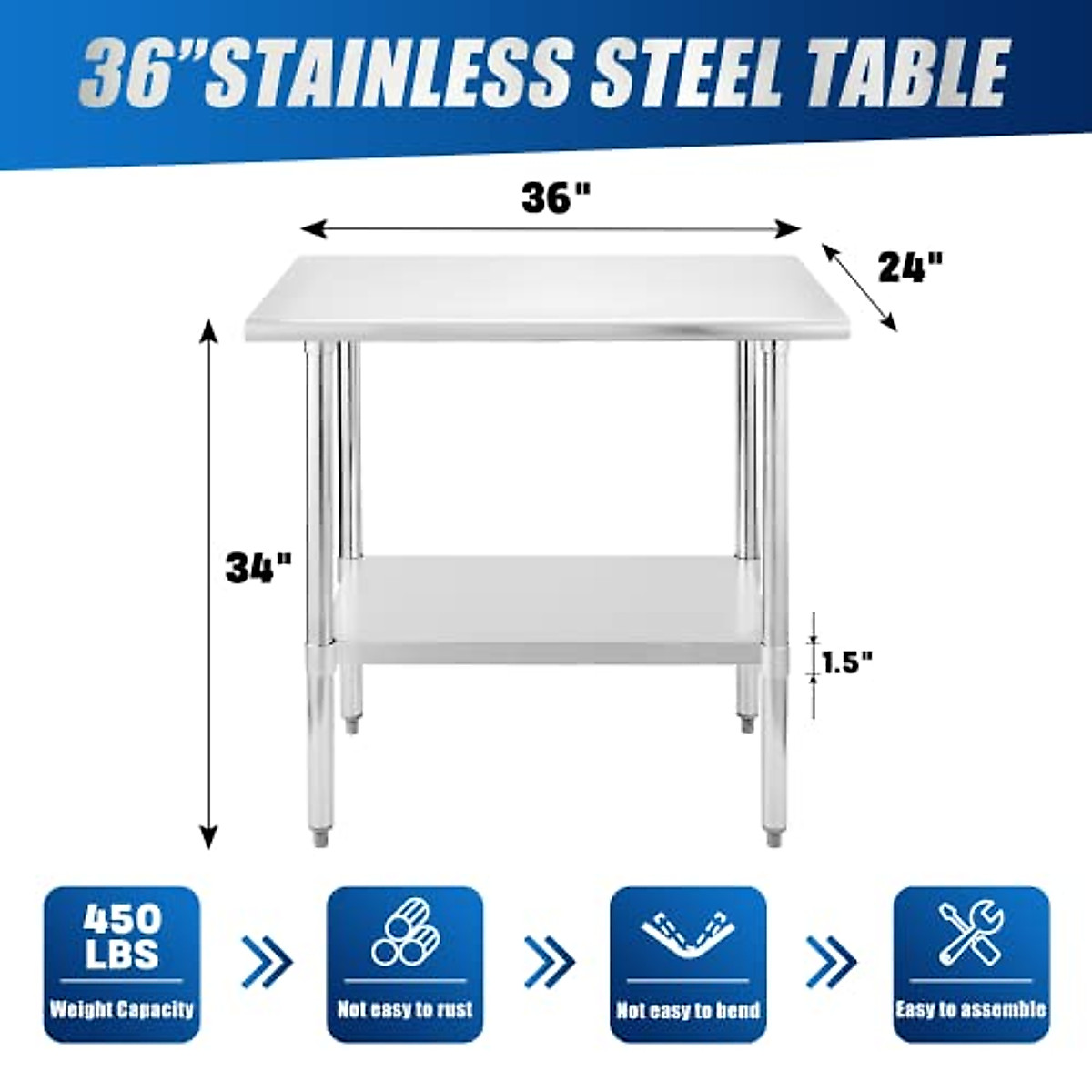 Chingoo Stainless Steel Table 24 x 36 Inches Metal Prep Table with Adjustable Undershelf, Stainless Table for Commercial Kitchen, Outdoor, Restaurant, Hotel & Garage