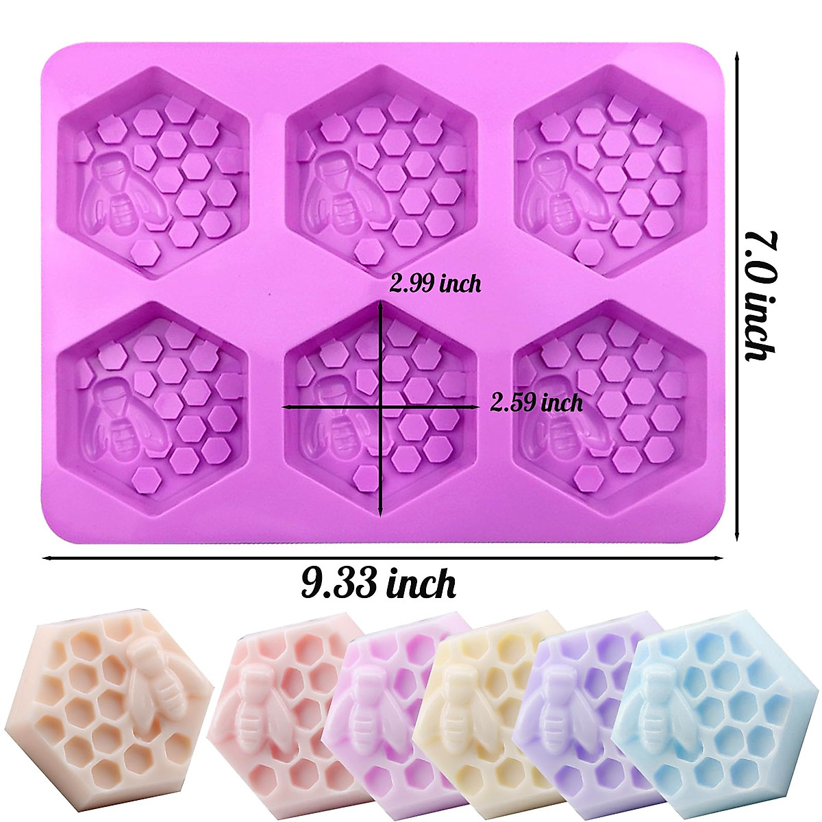 SIQINZONGWA 2 Pack Honeybee Soap Molds, 3D 6-cavity Bee Silicone Soap Molds, Hexagonal Bee Honeycomb Silicone Molds for Homemade Soaps, Beeswax, Resin, Bath Bomb, Jello, Chocolate and Dessert (Purple)
