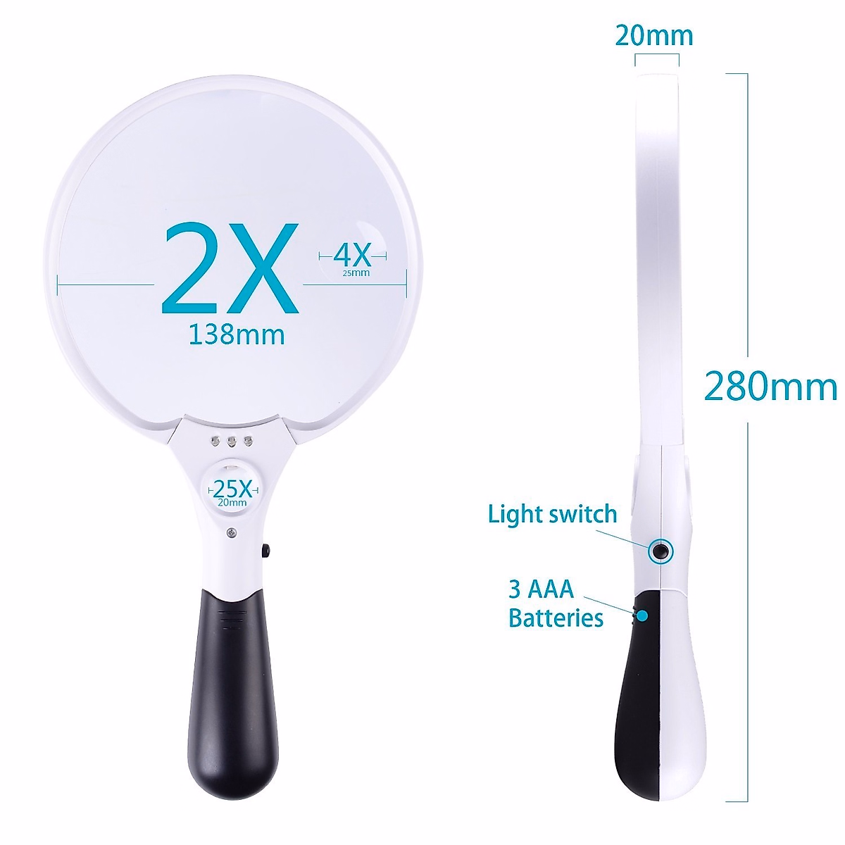 5.5-Inch Extra Large Handheld Magnifying Glass with LED Light, Oversize Reading Magnifying Loupe 2X 4X 25X Zoom Illuminated Magnifier Lens for Hobby Art Crafts Inspection & Low Vision Aids