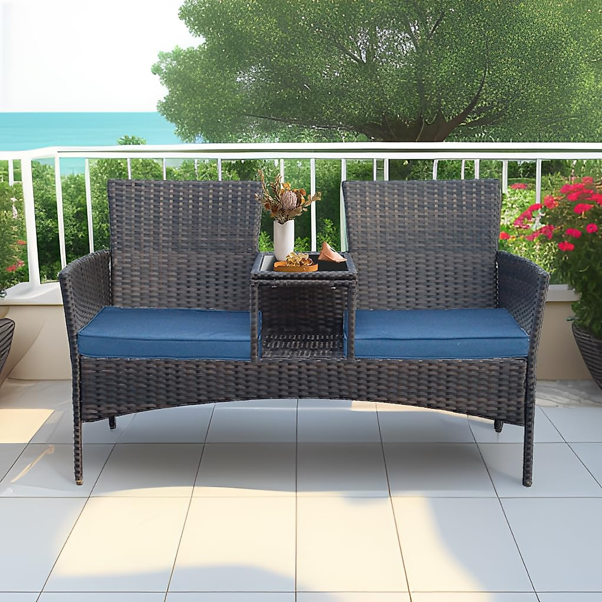 Outdoor Patio Rattan Loveseat with Cushions and Integrated Coffee Table - Weather Resistant 2 Seat Perfect for Garden, Lawn, and Backyard Leisure (Brown Rattan,Dark Blue Cushion)