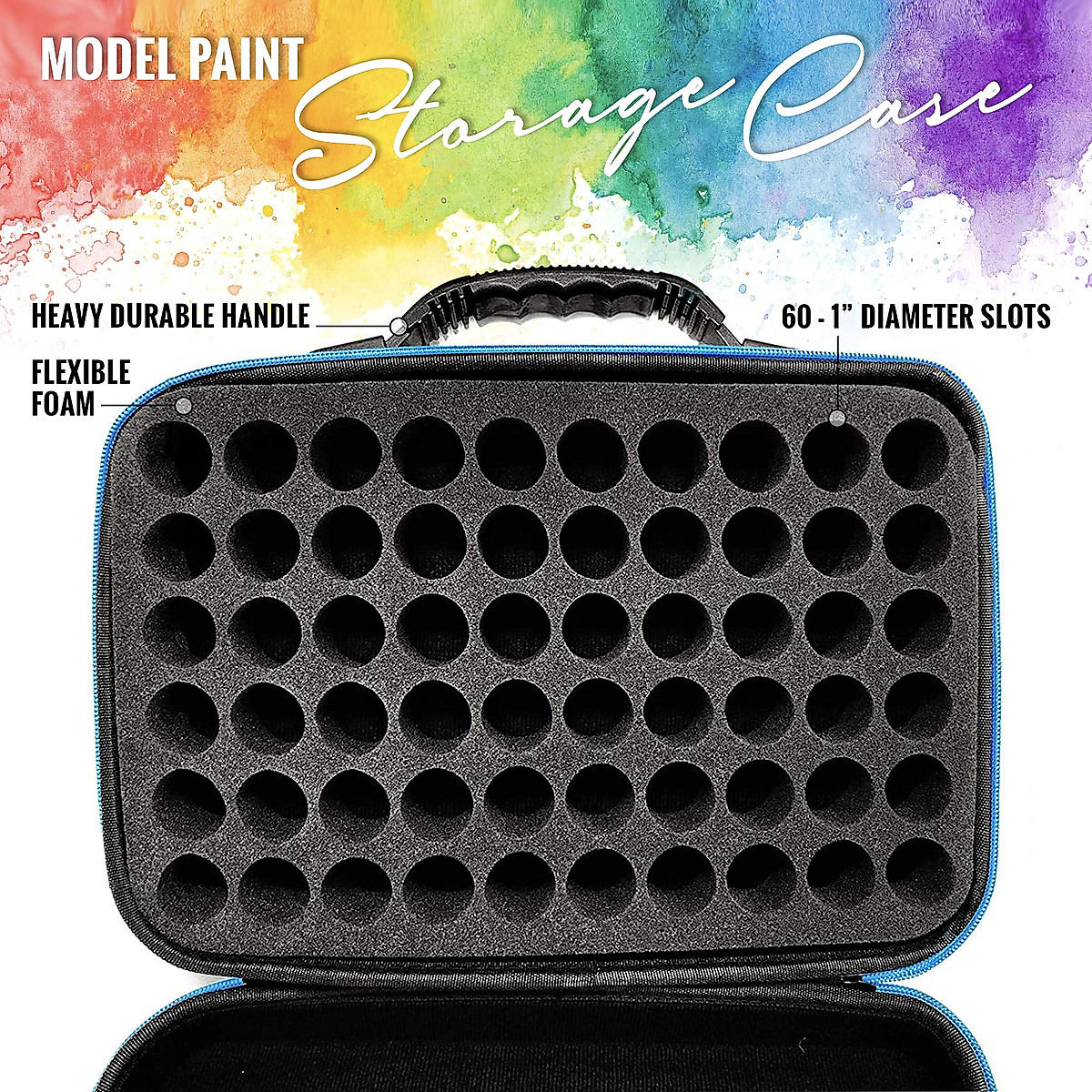 Pixiss Model Paint Storage Case Acrylic Paint Organizer Holder Tray Works with Round Top Hobby Paint Brands, Paint Rack or Paint Holder 60 Slots with 6 Fine Detail Miniatures Paint Brushes