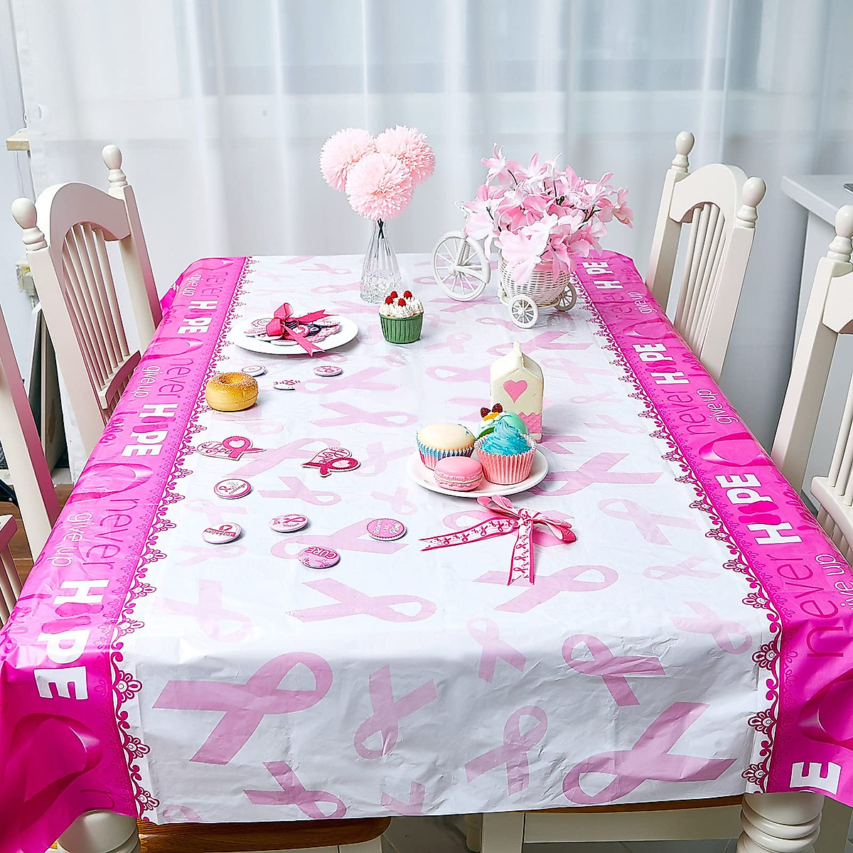 Breast Cancer Awareness Tablecloth Breast Cancer Party Supplies Disposable Pink Ribbon Plastic Tablecover Rectangle Breast Cancer Party Decorations for Women Indoor and Outdoor, 42.5 x 71 Inch (3 Pcs)