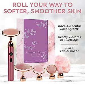 Vibrating Face Roller and Massager - 5 in 1 Rechargeable Rose Quartz Face Roller for Soft and Smooth Skin, Relaxing Beauty Skin Care Kit, Soothes Puffy Eyes