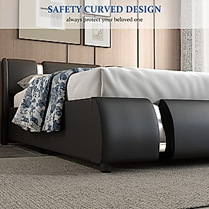 Modern Full Size LED Bed Frame, Upholstered Platform Bed Frame with Adjustable Headboard, Wooden Slats Support, No Box Spring Needed, Black