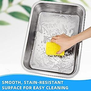 Zhehao 3 Pcs Stainless Steel Cat Litter Box with 3 Pcs Wood Handle Cat Litter Scoop, 15.8 x 11.8 x 3.9 Inch Metal Litter Box Rustproof Non Stick Cat Pan with Deep Cat Scooper for Bunny Kitten Kitty