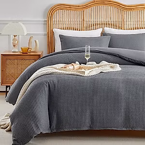 WARMDERN Waffle Weave Duvet Cover Queen Size, Grey Textured Duvet Cover Set, Soft and Breathable Comforter Cover, 3 Pieces Microfiber Bedding Set with Zipper for All Season(Grey,Queen)
