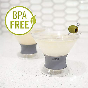 HOST Freeze Insulated Martini Cooling Cups, Plastic Freezer Gel Chiller Double Wall Stemless Cocktail Glass Set of 2, 9 oz, Grey