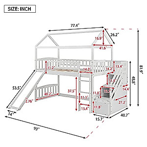 Merax Twin Loft Bed with Two Drawers and Slide, Wood House Bed with Roof and Guardrails for Boys & Girls (White)