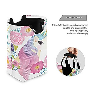 senya Large Storage Basket Collapsible Organizer Bin Laundry Hamper for Nursery Clothes Toys, Unicorn Head in Flowers
