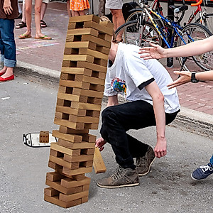 Juegoal 54 Pieces Giant Tumble Tower Blocks Game Giant Wood Stacking Game with 1 Dice Set, Gameboard, Canvas Bag for Adult, Kids, Family, Brown