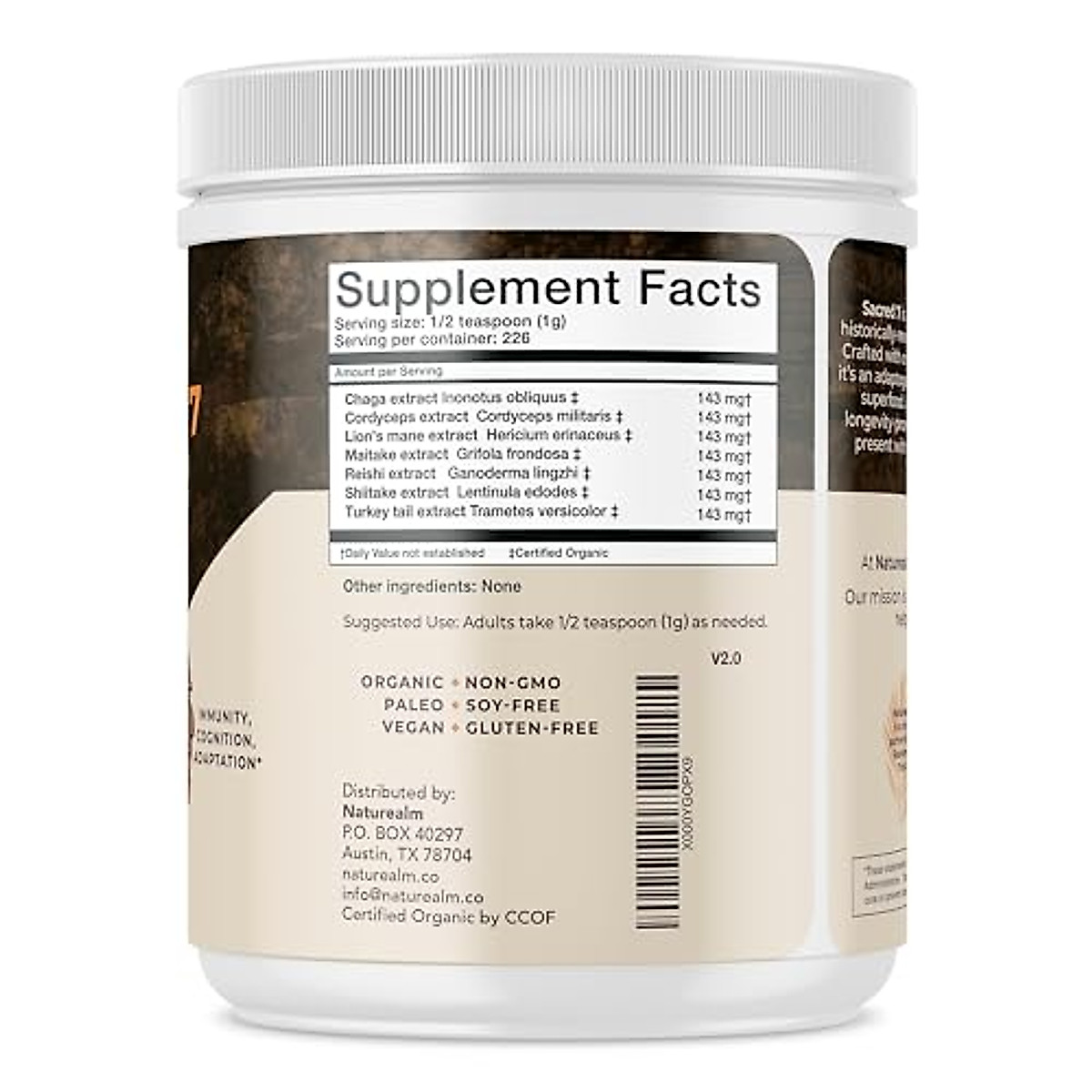 Naturealm - Sacred 7 Mushroom Extract Powder - Filler-Free - Organic - 100 Percent Fruiting Bodies - 8 Oz