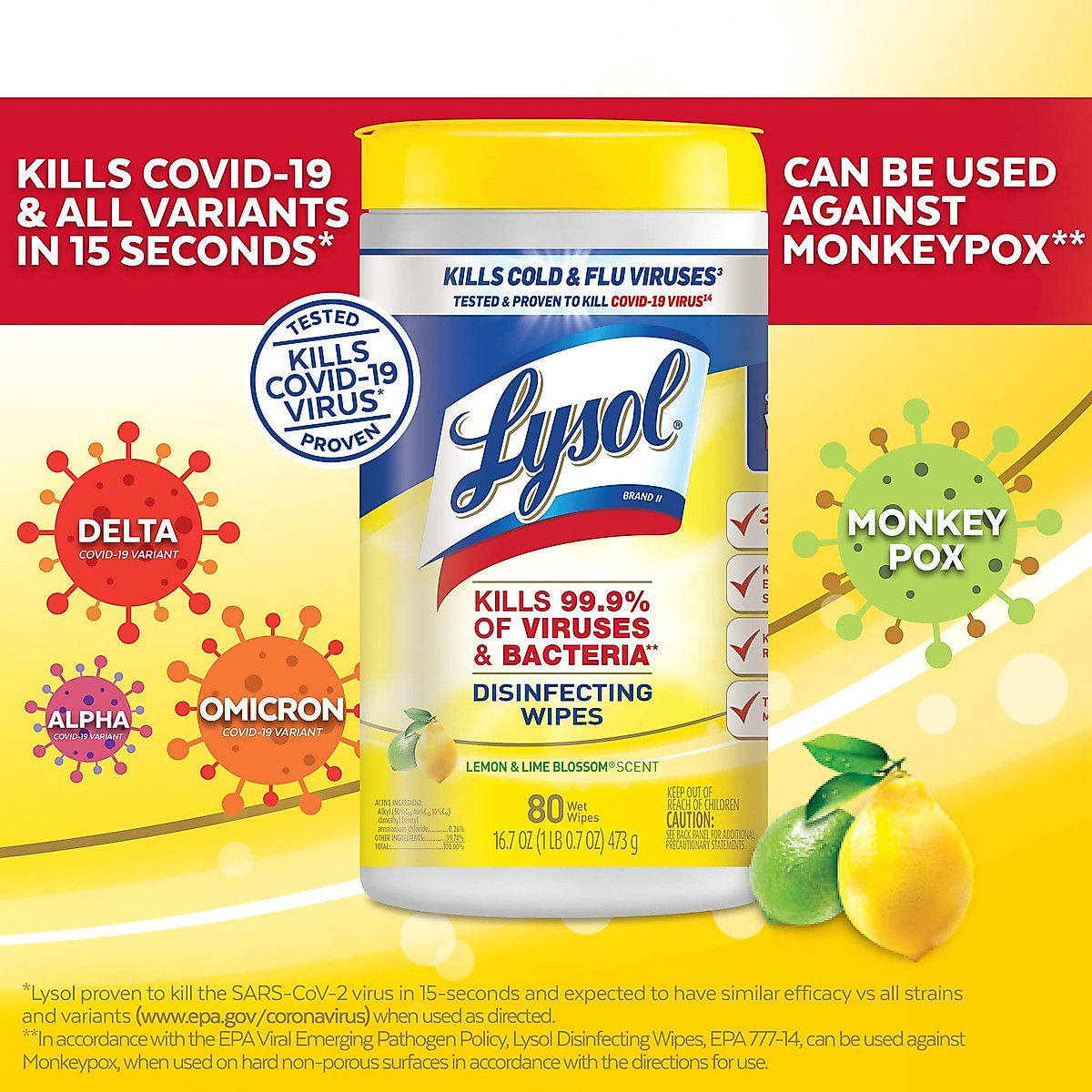 Lysol Disinfectant Wipes, Multi-Surface Antibacterial Cleaning Wipes, For Disinfecting and Cleaning, Lemon and Lime Blossom, 80 Count (Pack of 1)