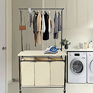 Laundry Sorter Cart with Ironing Board 3-Section Laundry Hamper and Hanging Bar Clothes Rack Heavy-Duty Rolling Laundry Cart with 3 Removable Bags
