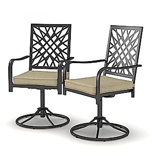 NSdirect Outdoor Swivel Chairs Set of 2, Patio Dninning Chairs with Cushion, Black Metal Bistro Arm, Rocking Chairs for Garden Backyard Lawn, Black and Khaki