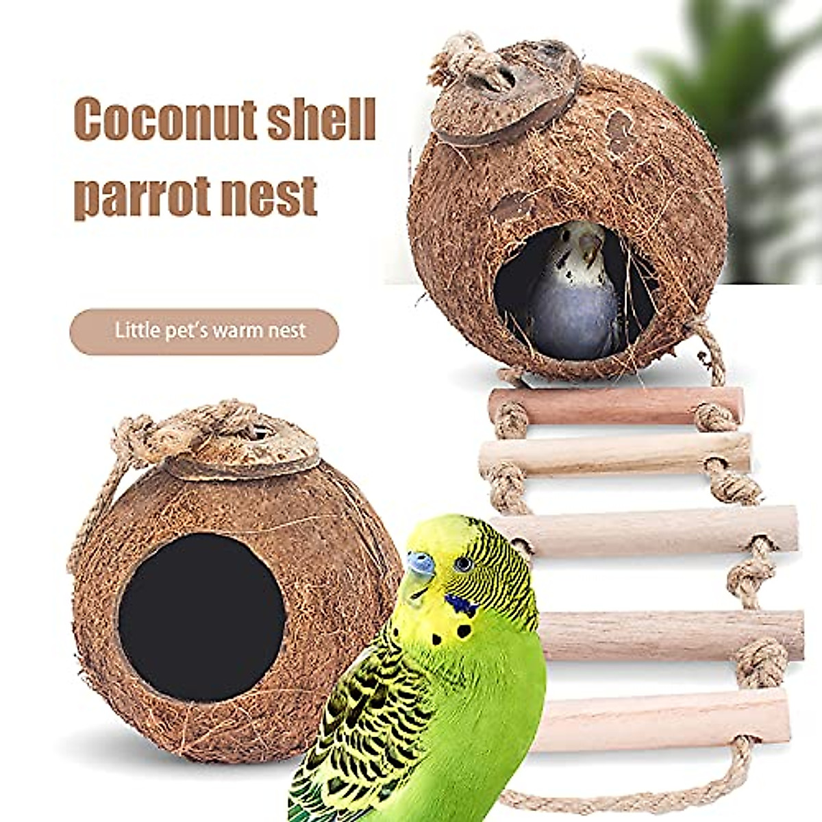 Coconut Bird Nest Hut, Natural Coconut Fiber Hanging Birdhouse Cage Breeding Nesting Bird Aviary Cage Box Anti-Pecking Bite for Parakeet Budgie Cockatiel Finch Sparrows