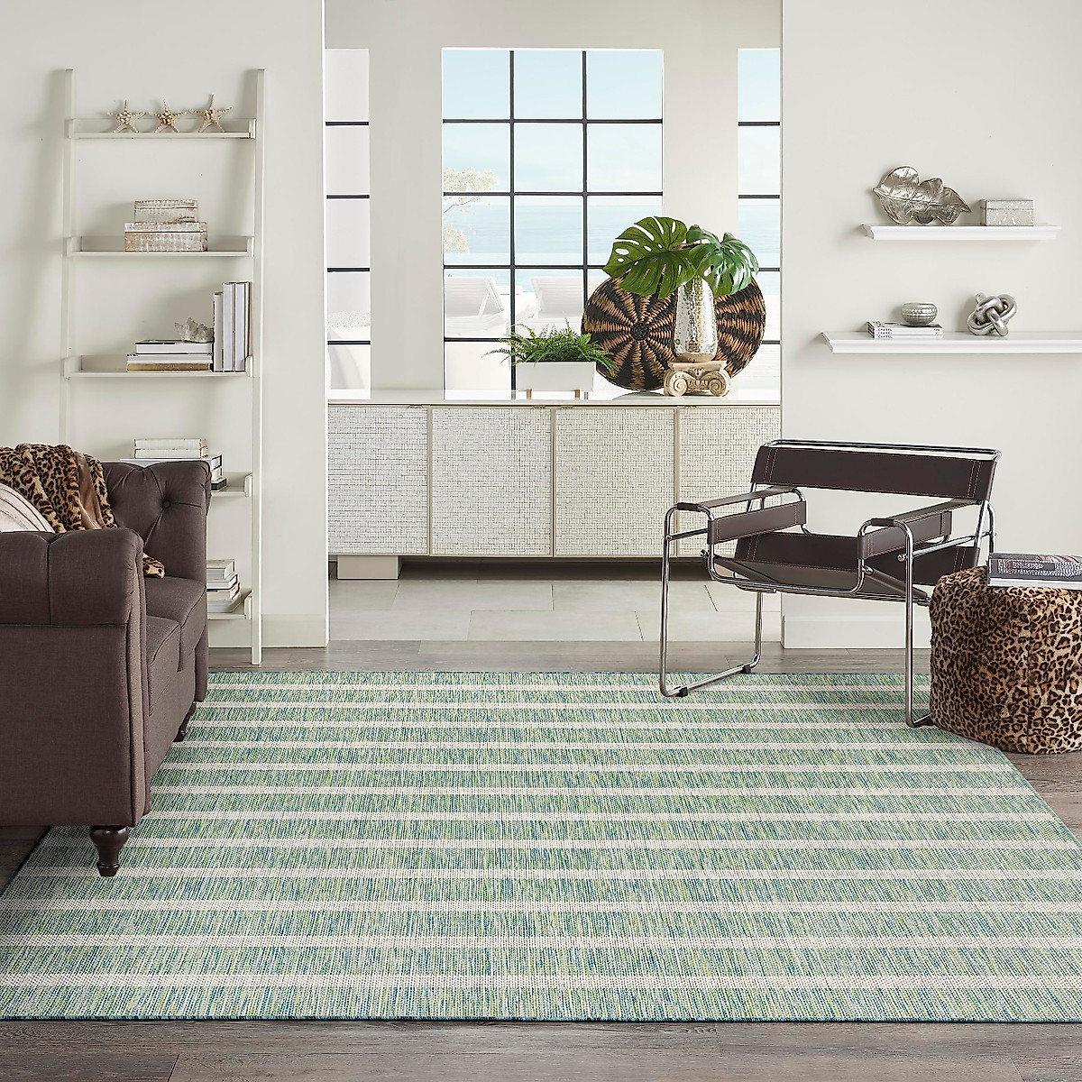 Nourison Positano Indoor/Outdoor Blue Green Ivory 8' x 10' Area Rug, Easy Cleaning, Non Shedding, Bed Room, Living Room, Dining Room, Backyard, Deck, Patio (8x10)
