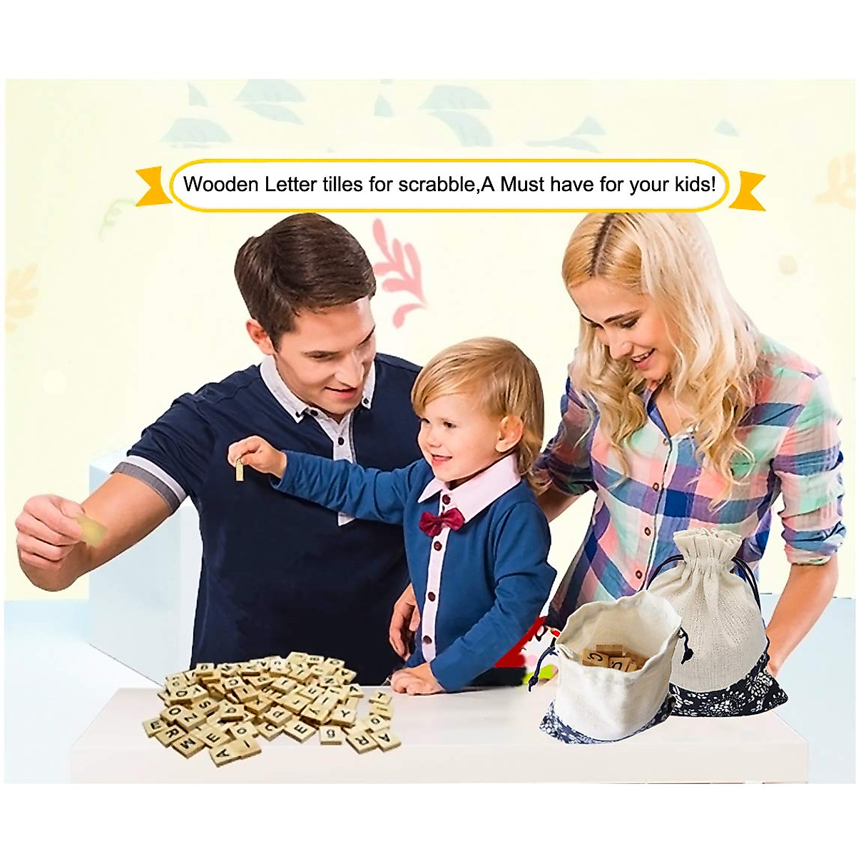 PINOWU 100pcs Wood Letter Tiles for Scrabble, Replacement for Scrabble Letters with Wood Racks and Cloth Gift Bag Craft Playing Alphabet Coasters and Wall Decoration