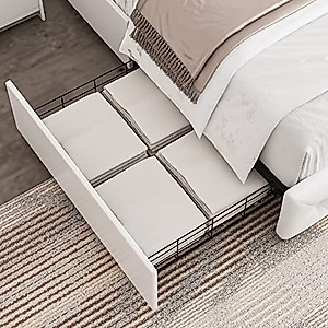 Queen Bed Frame with Storage and Adjustable Headboard, Bed Frame with 4 Drawers and Wooden Slats Support, No Box Spring Needed, PU, White