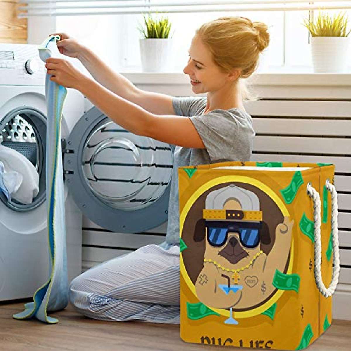 Inhomer Laundry Hamper Fun Pug Dog with Gangster Style Collapsible Laundry Baskets Firm Washing Bin Clothes Storage Organization for Bathroom Bedroom Dorm