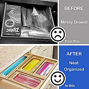Bamboo Ziplock Bag Storage Organizer for Kitchen Drawer, Plastic Food Bags Organizer Removable Front, Compatible with Ziploc, Solimo, Hefty Baggie Dispenser Holder for Gallon,Quart,Sandwich Slider Bag