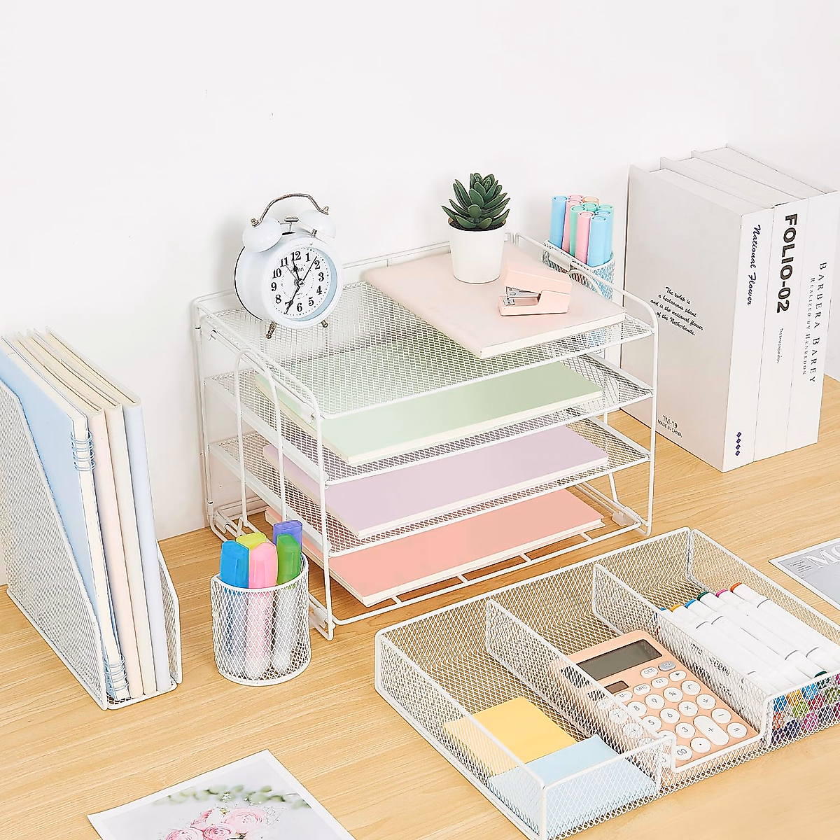 ORDROLL Desk Paper Organizers and Accessories - 4-Tier Paper Letter Tray Organizer with File Holder,Drawer and 2 Pen Holders,Desk Accessories & Workspace Organizers for Office,School,Home(White)