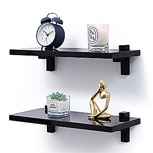 Black Floating Shelves 16 Inch Long, Wooden Bathroom Shelves Set of 2, Modern Floating Wall Shelf with Glossy Finish for Home Decor & Storage