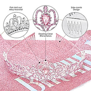 Makone Birthday Tiara for Women, Birthday Queen Crowns with Birthday Girl Sash, Crown for Girls Pink, Rhinestone Tiaras with Combs, Crystal Headband Hair Accessories Glitter Sash for Party