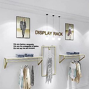 FURVOKIA Modern Simple Men's and Women's Clothing Store Heavy Duty Metal Display Shelf,Wall-Mounted Garment Rack with Wood,Clothes Rail,Bathroom Hanging Towel Rack (Gold Square Tube, B-47.2" L)