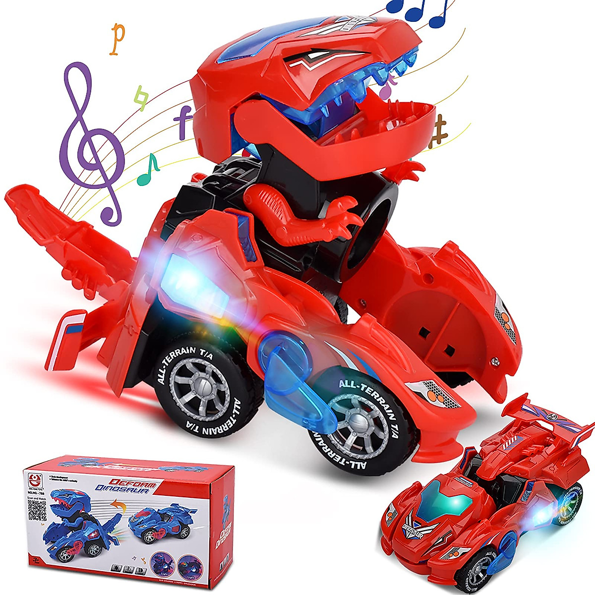 INLAIER Transforming Dinosaur Toys, 2 in 1 Automatic Transforming Dinosaur Car with LED Light and Music Transform Dino Car for Kids Christmas Birthday Gifts (Red)