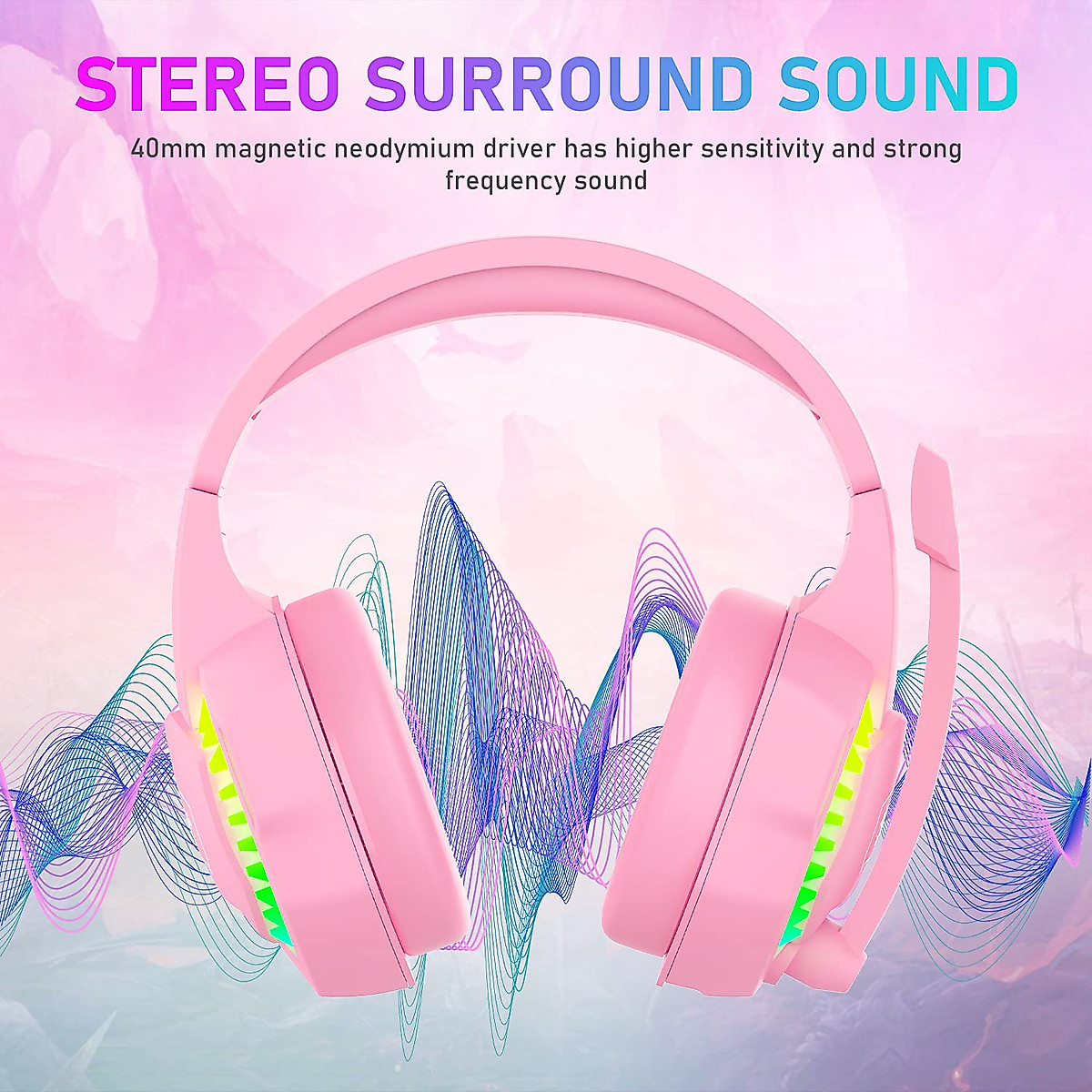 Gaming Headset with Microphone for PS4 PC Xbox One PS5 Controller,Noise Cancelling Over Ear Headphones with Adjustable Mic,Breathing RGB Light,Bass Surround,Soft Memory Earmuffs for Laptop Mac(Pink)