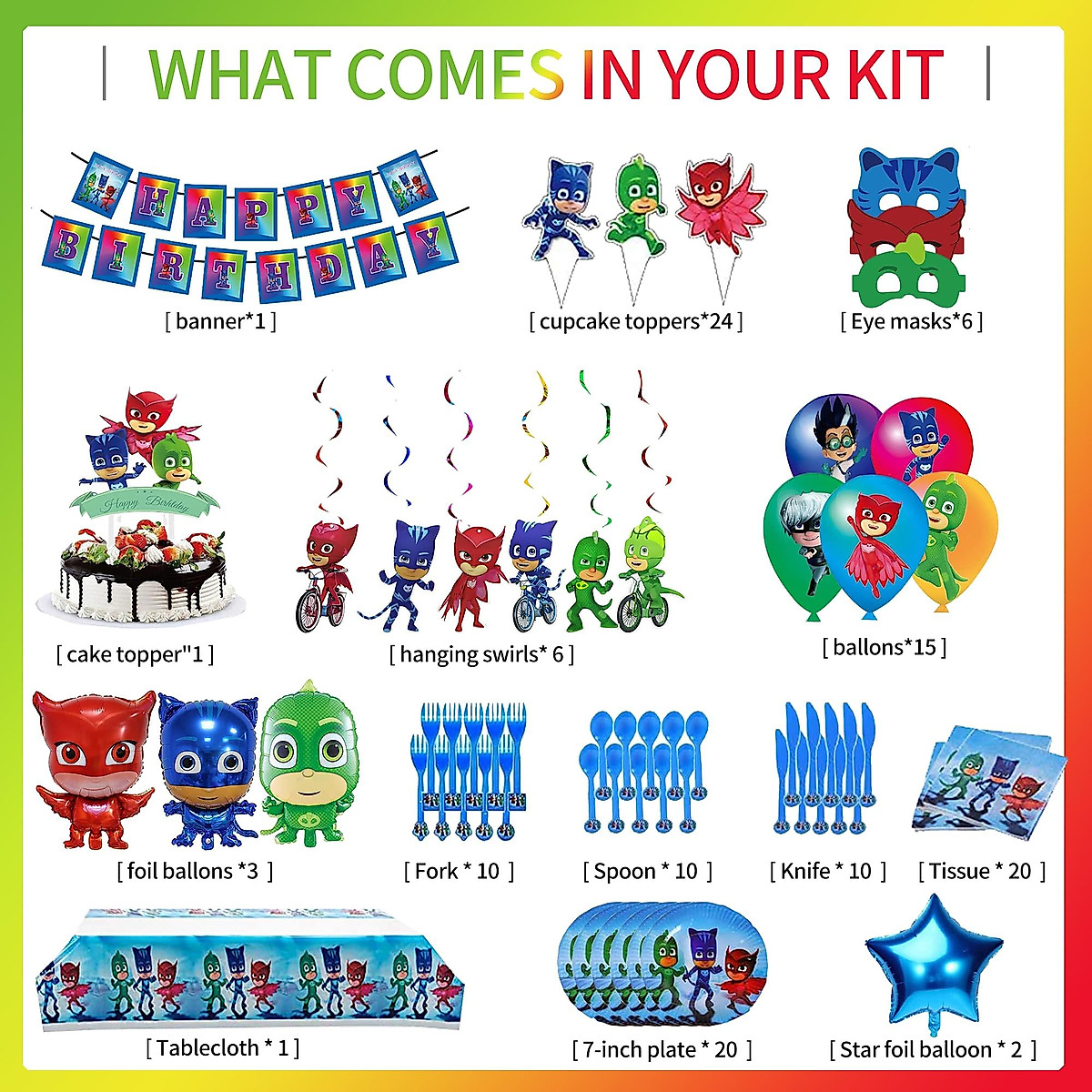 129pcs Pj-Masks Birthday Party Supplies Including Banners, Tablecloths, Cutlery, Spoons, Plates, Napkins, Hanging Swirls, Balloons, Cake Toppers, Cupcake Toppers, Character Foil Balloons