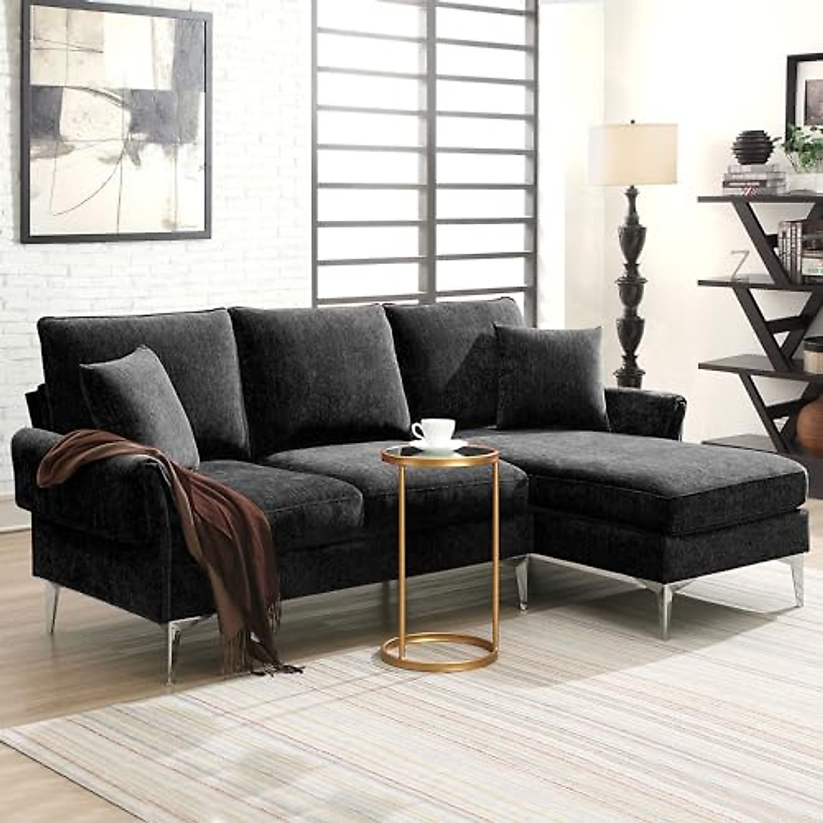 HAUSHECK Convertible Sectional Sofa with Reversible Chaise Lounge, Metal Leg, Two Pillows Included, Mid-Century Modern Chenille Free Combination L-Shaped Couch for Living Room, Apartment, Small Space