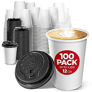 Disposable Coffee Cups with Lids 12 oz (100 Pack) - To Go Coffee Cups for Hot & Cold Drinks, Tea, Hot Chocolate, Water - Poly-Coated for No Condensation with Rolled Edge - Coffee Cup Bundle