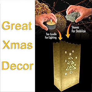 Onene 10 Pcs White Luminary Bags, Candle Bag with Christmas Tree Design, Durable and Reusable Fire-Retardant Cotton Material Paper Lantern Bags for Christmas Holiday Outdoor, New Year Occasion